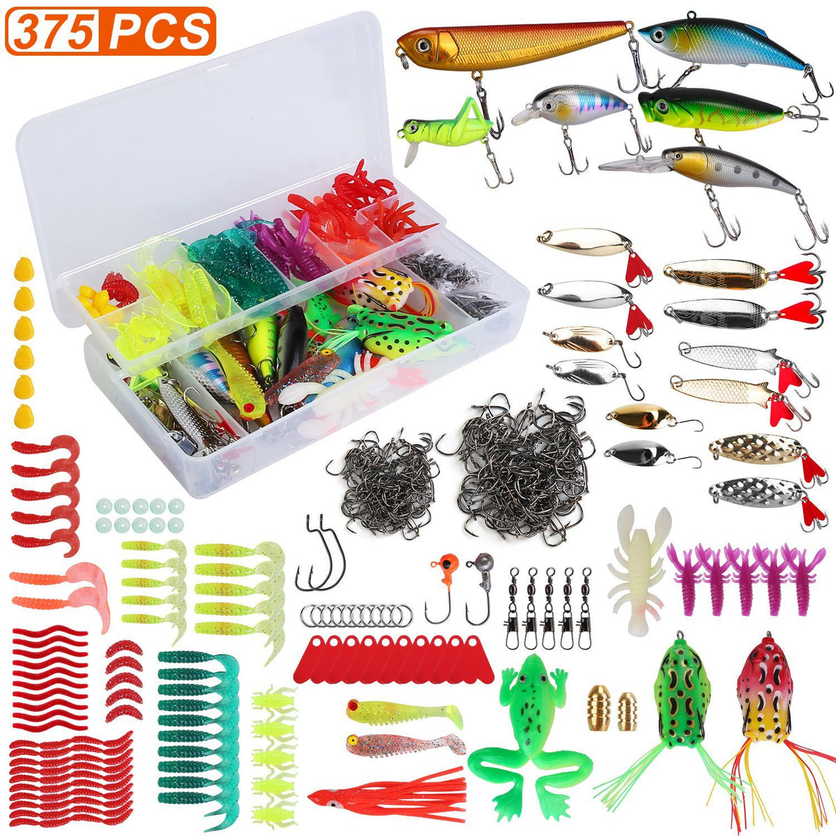 375-Piece Fishing Lures & Tackle Box Kit – Saltwater & Freshwater Baits ...